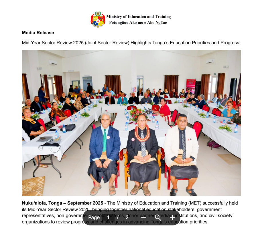Mid-Year Sector Review 2025 (Joint Sector Review) Highlights Tonga’s Education Priorities and ...